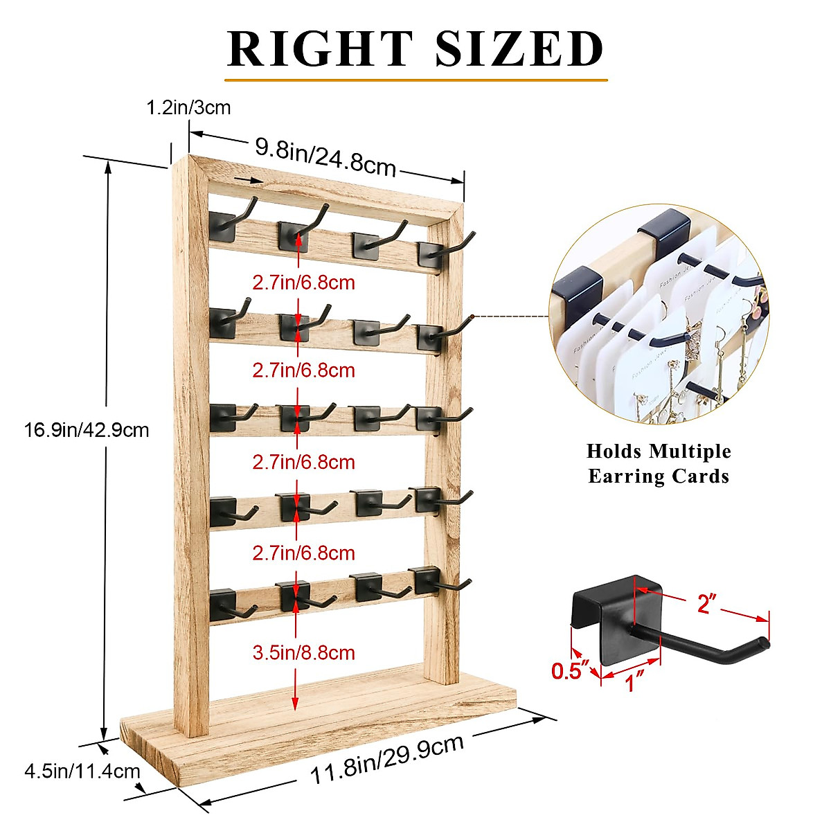 Fumingpal Earring Display Stands for Selling, Wooden Jewelry Display Rack with 20 Removable Hooks, 5-Tier Jewelry Organizer for Earring Cards, Necklaces, Bracelets, Keychains(Oak Color)
