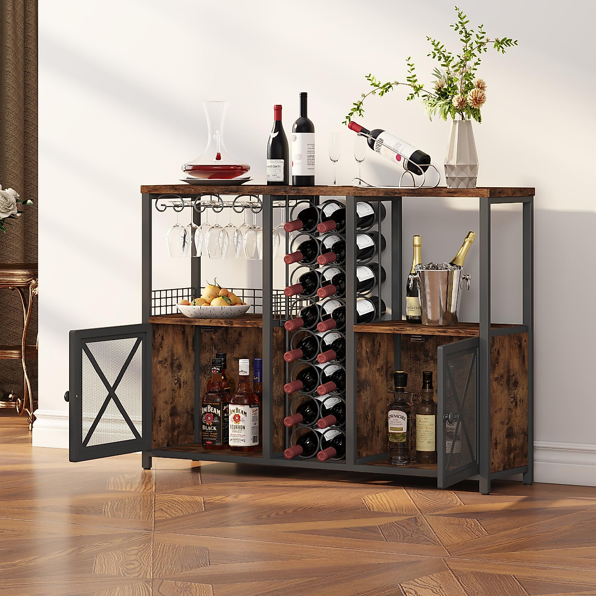 Homeiju Mini Bars for Home, Wooden Coffee Bar Cabinet, Modern Liquor Cabinet for Liquor and Glasses, Farmhouse Buffet Wine Bar Cabinet with Storage Sideboard for Home Kitchen Dining Room