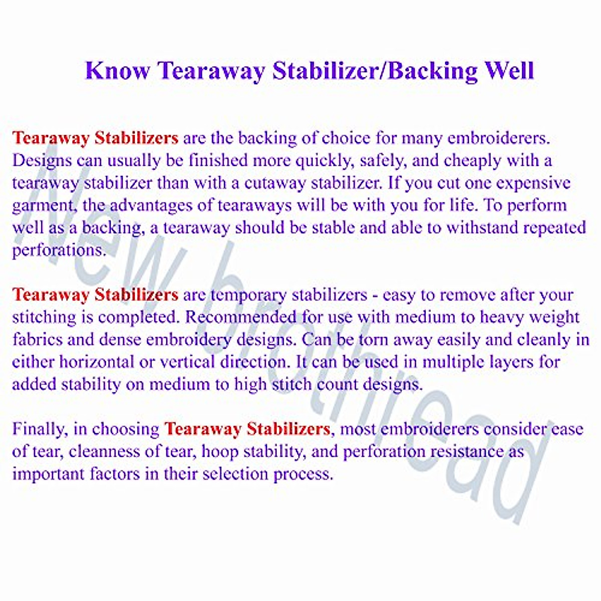 New brothread Tear Away Machine Embroidery Stabilizer Backing 10" x 50 Yd roll - Medium Weight 1.8 oz - Cut into Variable Sizes - for Machine Embroidery and Hand Sewing