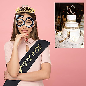 KYZCROTW 50th Birthday Gift for Women, 50th Birthday Tiara Crown, 50 & Fabulous Sash and Glasses for Women 50 years old Birthday Party Decorations and Supplies, 3 pcs