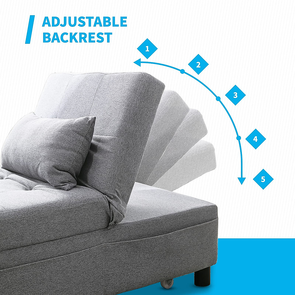 Mjkone 4-in-1 Sleeper Chair with Adjustable Backrest with Free Pillow, Pull Out Sofa Couch Bed with Memory Foam for Compact Living Room (No Assemble Need,Light Grey)