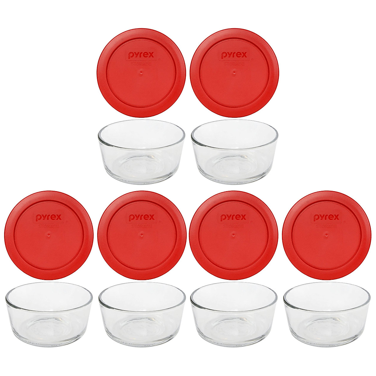 Pyrex (6 7200 Glass Bowls & (6) 7200-PC Poppy Red Lids Made in the USA