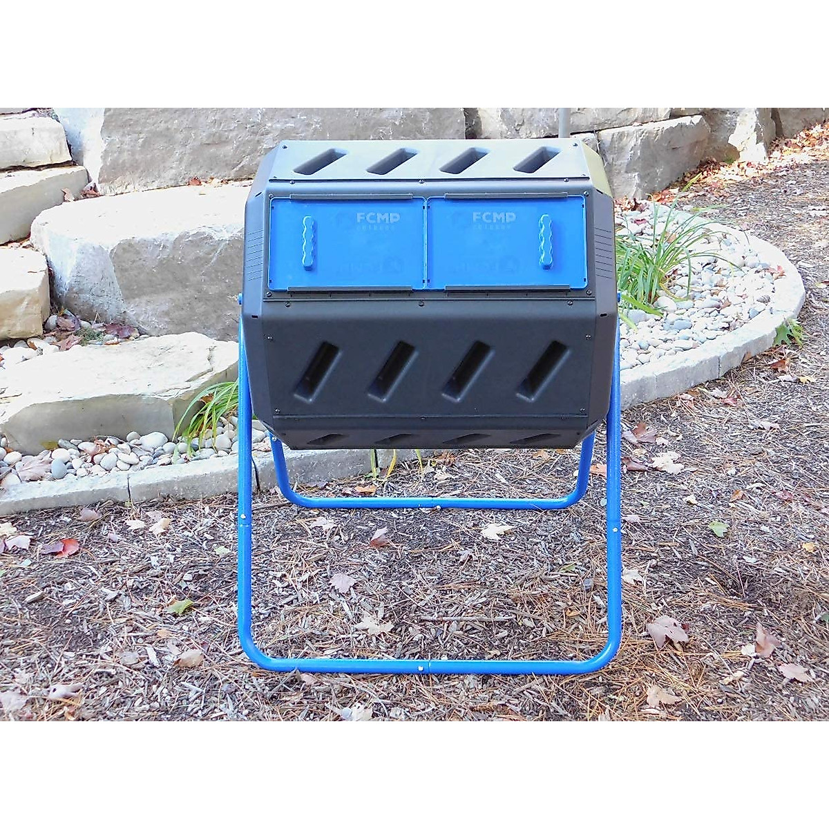 FCMP Outdoor IM4000-DD Dual Chamber Tumbling Composter with Double Doors (Blue) Canadian-Made, 100% Recycled Resin