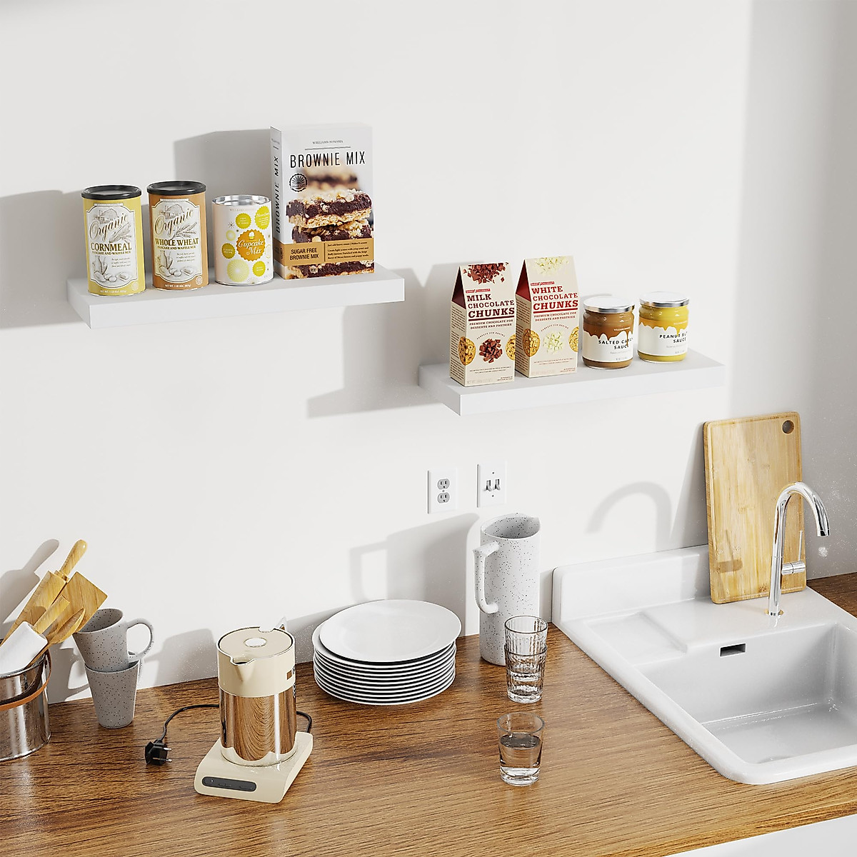 Bellsal Floating Shelves, White Engineered Wood Wall Shelf Set of 2, 15" Wall Mounted Floating Shelf, Hanging Wooden Shelf Invisible with Brackets for Bedroom, Kitchen, Living Room, Bathroom Decor