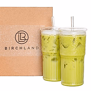 All Glass Iced Coffee Cup with Lid and Straw, Glass Tumbler Set of 2 (18 oz)