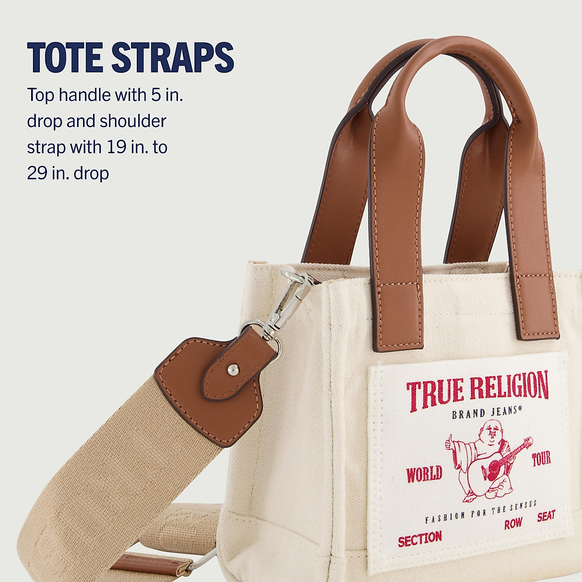 True Religion Tote, Women's Mini Travel Shoulder Bag with Adjustable Strap, Natural