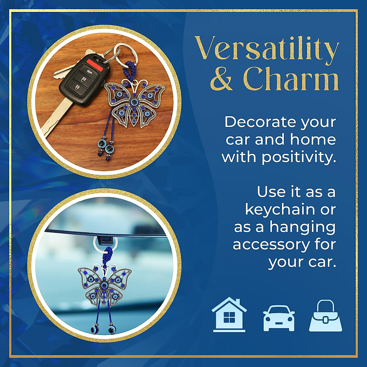 LUCKBOOSTIUM Evil Eye Keychain, Blue Butterfly Keychain Accessories with Rhinestones, Bag Charms for Handbags, Purse Decorations, Car Keychain, Home & Car Hanging Ornament, Evil Eye Gifts for Women