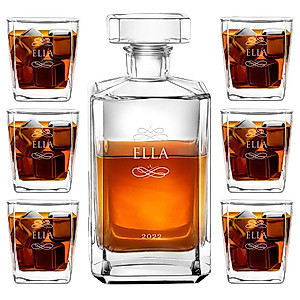 Maverton Whiskey Set with 6 Glasses for woman - Personalized Tumblers - 23 fl oz. Universal Carafe - For Birthday - For her - Customized Glassware - Name