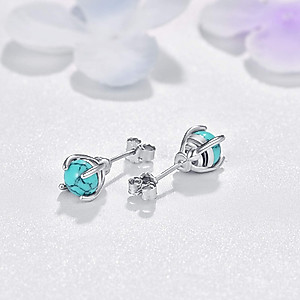 Turquoise Studs Earrings, 925 Sterling Silver Round Shape Tiny Studs, Turquoise Jewelry Mother Day Gift for Women Daughter Girlfriend with Gift Box-4mm 6mm