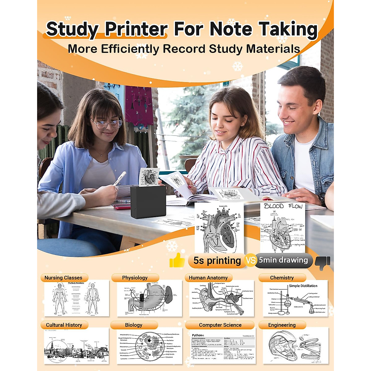 Memoking Sticker Printer, M02 Mini Printer Portable Bluetooth Mini Printer Sticker Maker with 3 Rolls Paper, Print Pods Mini Printer Pocket Printer with Multiple Templates for Phone & Tablet, Black