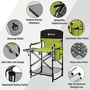 VILLEY Tall Directors Chair, Folding Camping Chairs, Makeup Artist Chair with Foot Rest, 900D Fabric for Tailgating Camp Lawn Picnic Fishing Beach, Supports 350 LBS, Green