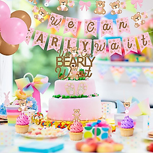 Pink Teddy Bear Baby Shower Theme Party Supplies, We Can Bearly Wait Banner Cake Topper Ballons for Girls Baby Bday, Weclome Baby, Bear Theme Baby Shower, Gender Reveal Party Decorations