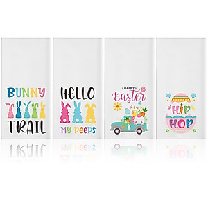 Rtteri 4 Pieces Bunny Trail Kitchen Towels for Easter Decor 16 x 26 Inch Hip Hop Hand Towels Spring Hello My Dish Towels Happy Easter Decorative Hand Drying Cloth for Kitchen Bathroom Gifts