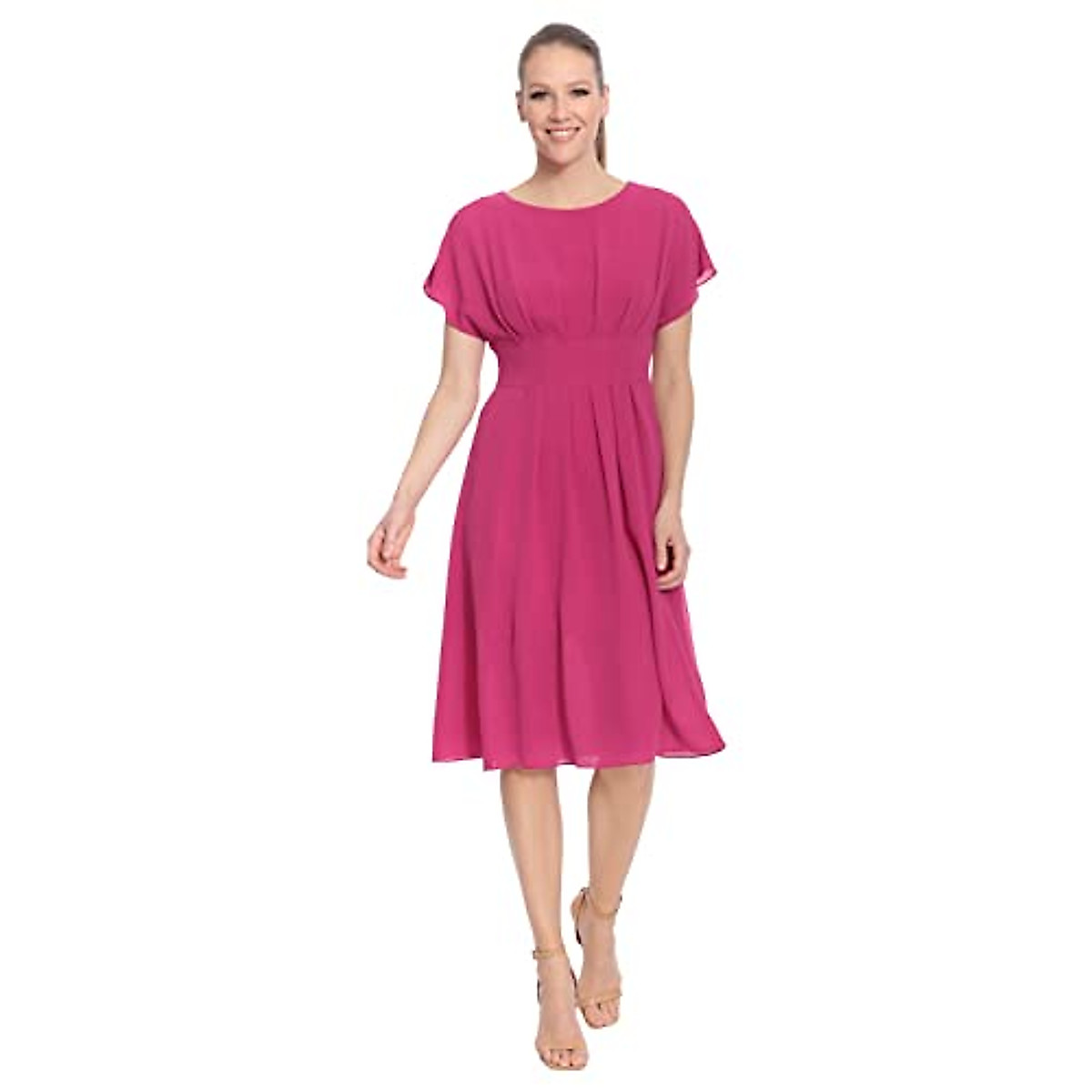 London Times Women's Pleat Tuck Catalina Crepe Dress with Waistband, Fuchsia Red, 14