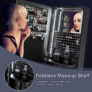 CHARMAID Jewelry Cabinet with LED Light Strip, 62.5'' Floor Jewelry Armoire with High Full Length Mirror, Vanity Mirror, Foldable Makeup Shelf, Jewelry Organizer Storage with 6 Drawers (Black)