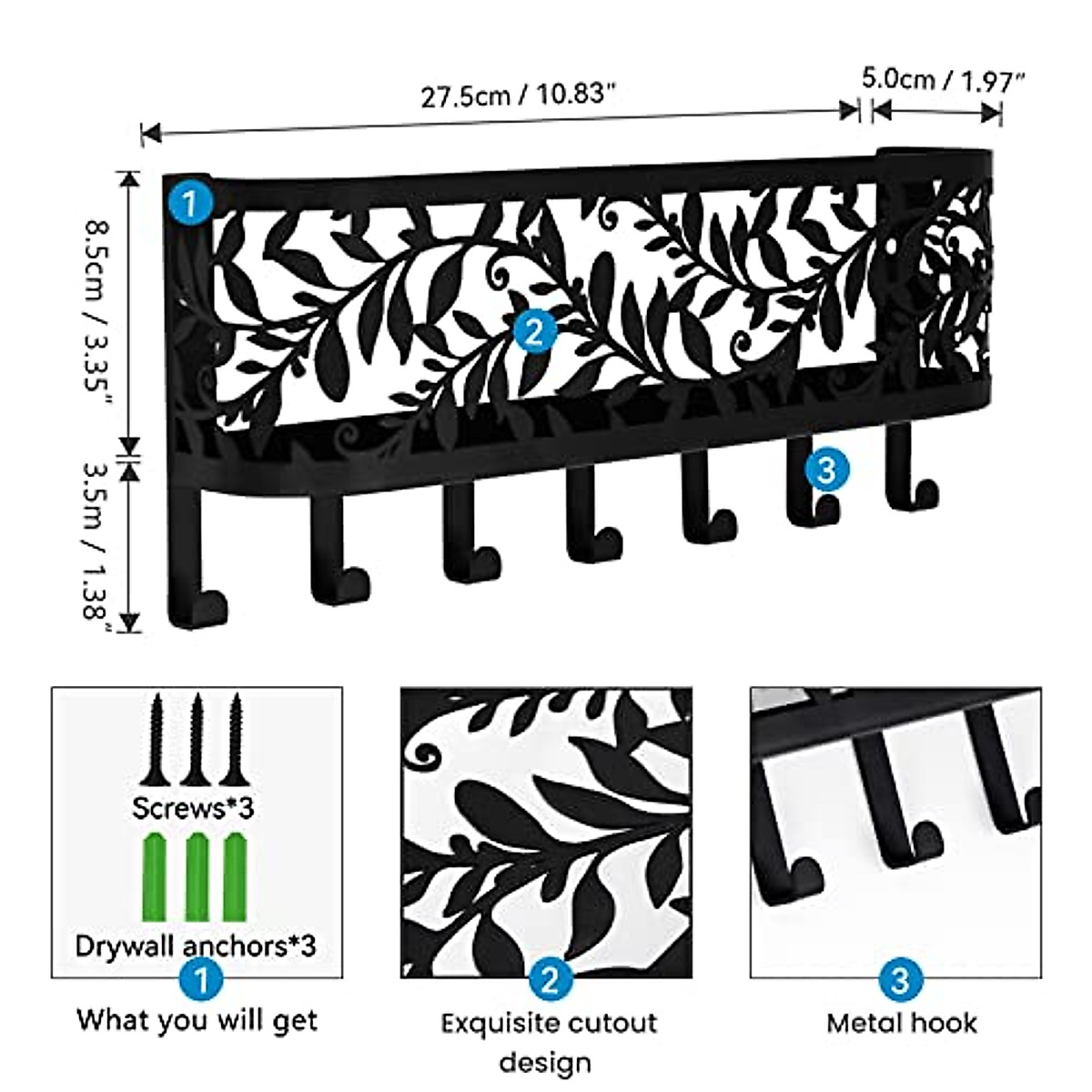 WYTAOHZL Key Holder for Wall Mail and Key Holder for Wall with 7 Key Hooks 11X4.6X2Inches Eucalyptus Design Mail Organizer Wall Mount Key Holder Black Metal Key Hooks Key Hangers for Home Decorative