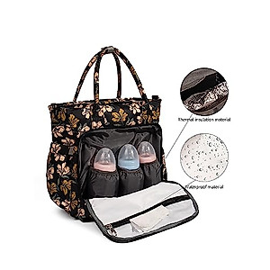 MEYTEILAY Diaper Bag Tote Baby Changing Bag Portable Waterproof Splashproof and Large Capacity with Shoulder Strap Stroller hooks（Flower Black）