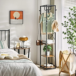 IBUYKE Coat Rack with Shelves, Freestanding Hall Tree with 3 Shelves and 8 Hooks, Industrial Clothes Stand for Entryway, Hallway, Bedroom, Rustic Brown UTMJ088H