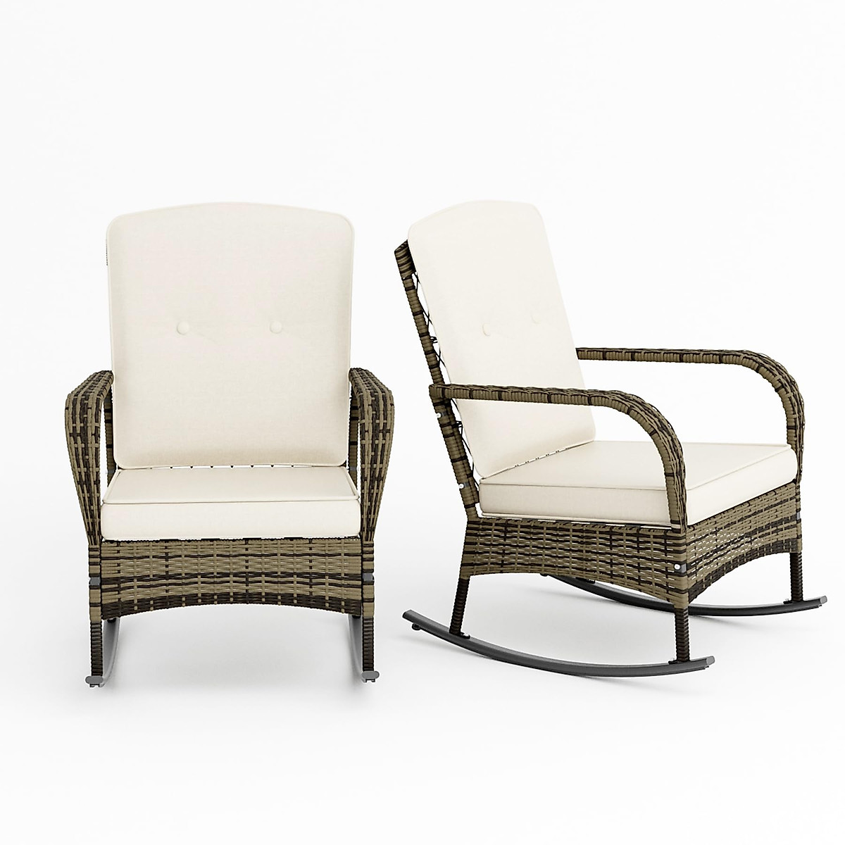 BALDPER 6 Pieces Patio Conversation Set, Outdoor Rocking Chairs, Wicker Bistro Set, Outdoor Furniture Set with Porch Chairs and Coffee Table for Deck Garden Poolside, Beige