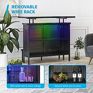 Mjkone Wine Bar Cabinet with LED Lights by Remote Control, Coffee Bar Cabinet for Liquor and Glasses, Home Bar Unit with Wine Rack, Mini Bars with Storage (Black)