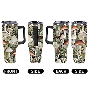 40 Oz Mushroom Plant Insulated Stainless Steel Tumbler with Handle & Straw Lid, Reusable Travel Cupholder Friendly Mug for Coffee, Water, Tea