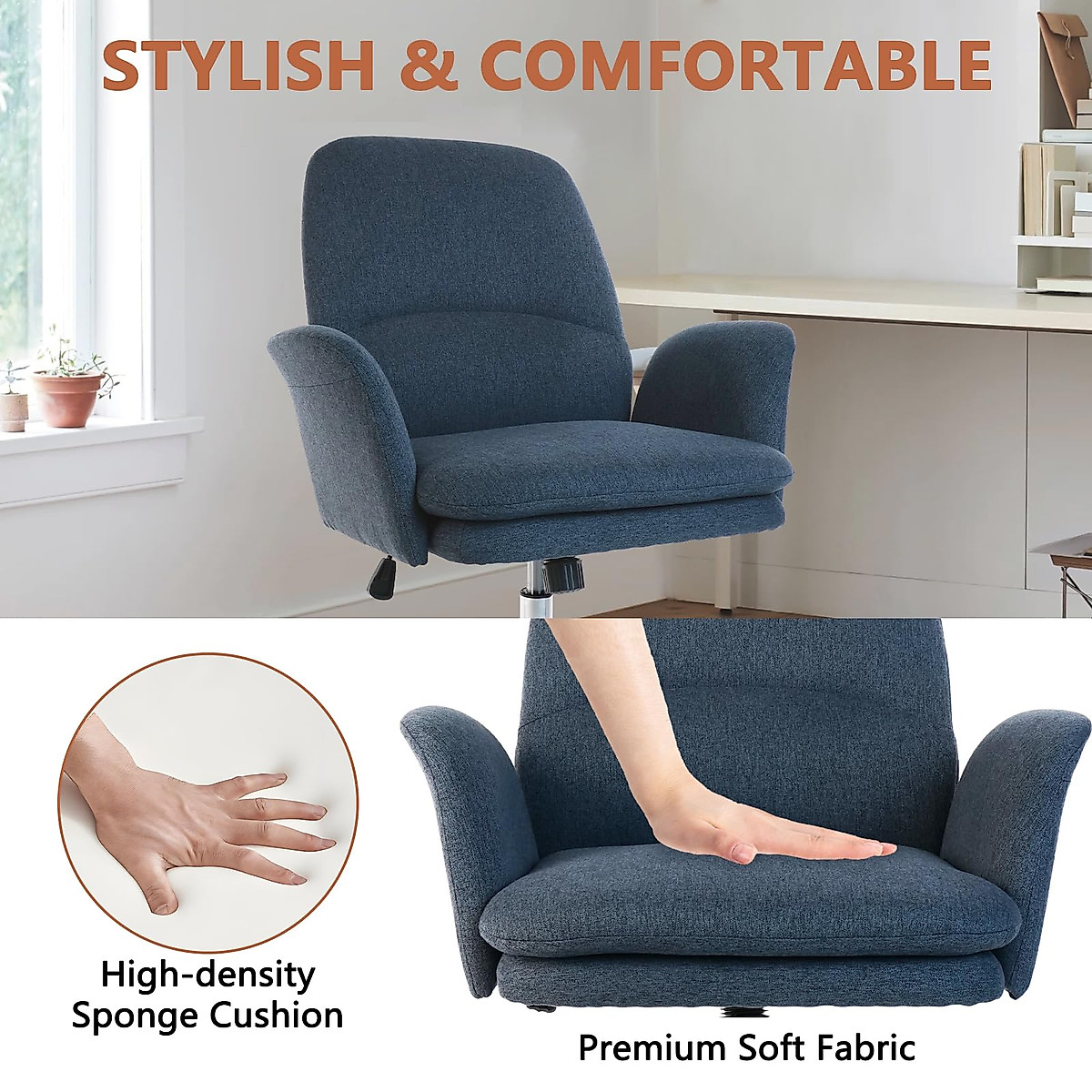 Novigo Set of 2 Accent Swivel Rolling Chair Adjustable Height Mid Back Dining Room Desk Chair with Upholstered Armrests Comfy Back Support Vanity Chair for Office Bedroom,Blue