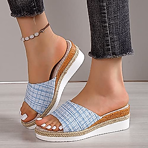 Flat Sandals for Women Size 8 Ladies Fashion Color Matching Cloth Open Toe Casual Slope Heel Thick Sole Sippers (Light Blue, 8)