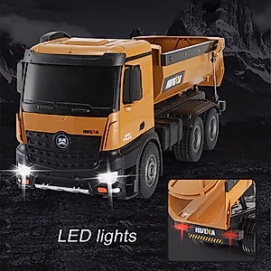 Fistone RC Dump Truck 1/14 Scale 10 Channel Alloy Die-cast 2.4G Remote Control Construction Vehicles Toys with Lights for Kids and Adults