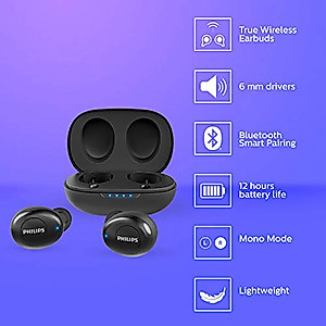 Philips UpBeat UT102 True Wireless in-Ear Earbuds Bluetooth 5.0 Headphone, TWS Stereo with 3+9 Hours Playtime, Multifunction Button + Smart Pairing (TAUT102BK)