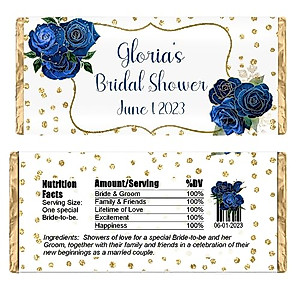 Personalized Candy Wrappers for Chocolate, Floral Party Favors, Pack of 20 Custom Hershey Bar Labels (Blue)