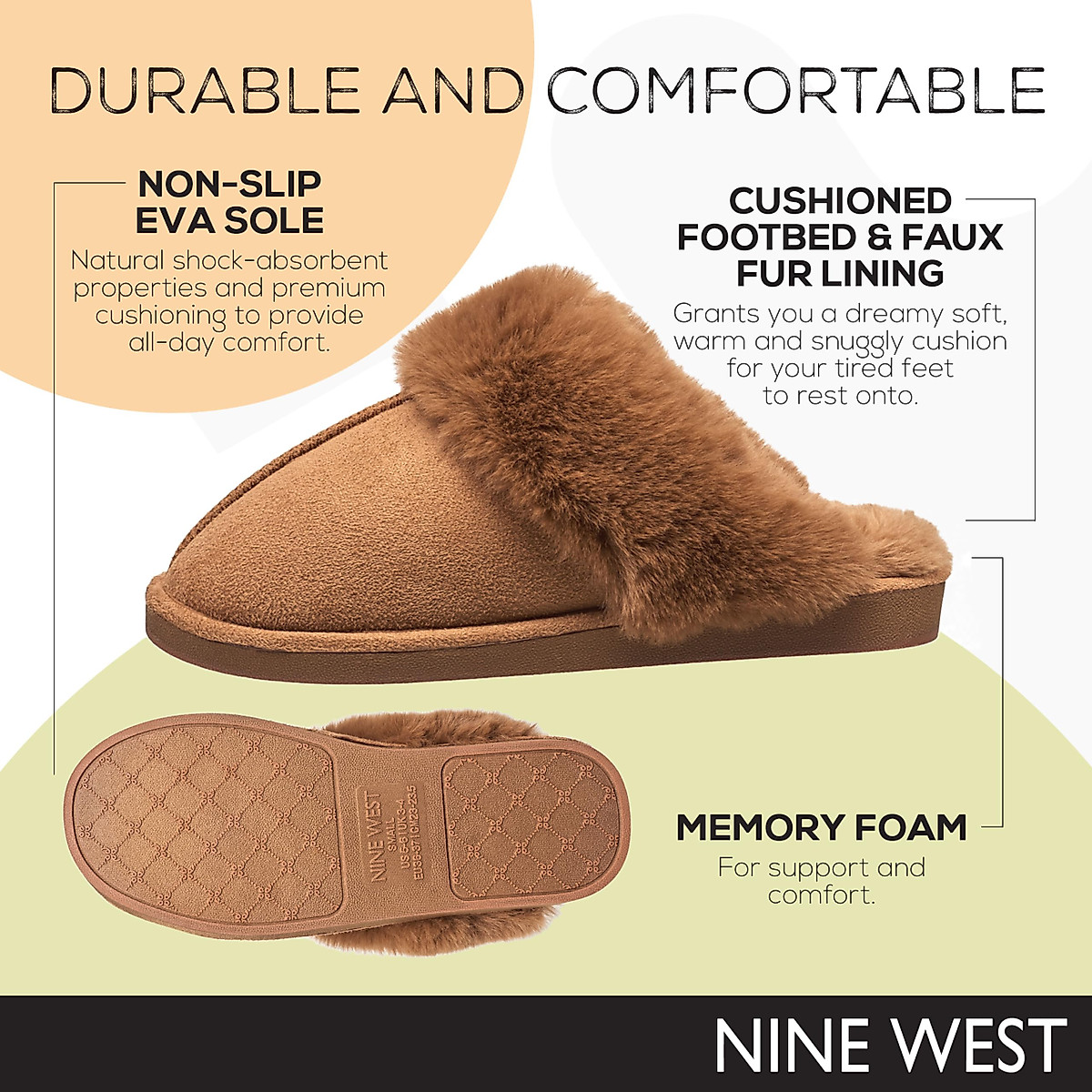 Nine West Scuff Slippers For Women, Extra Soft & Comfortable Winter House Shoes, Tan, Medium 7-8