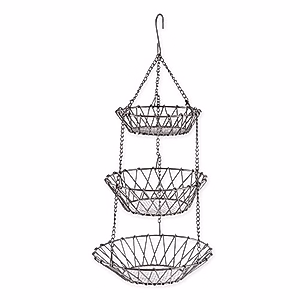 DII Metal Kitchen Storage Collection Farmhouse Stand 3-Tier Hanging Fruit Basket, Satin Nickel