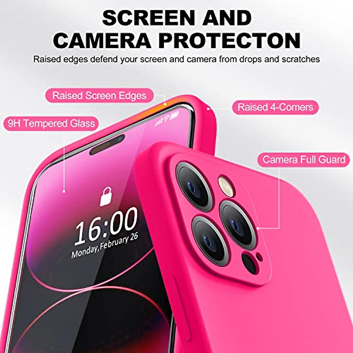 BossKiss Compatible with iPhone 14 Pro Case 6.1 inch, Premium Liquid Silicone Case [Velvety Touch] [2 Pcs 9H Tempered Glass Screen Protector], Camera All-Round Protection Shockproof Case, Hot Pink