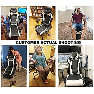 Gaming Chair High Back Computer Gaming Chair with Footrest, Ergonomic Game Chair PU Leather Racing Office Chair Adjustable Task Chair w/Headrest Armrest & Massage Function Lumbar Support-White