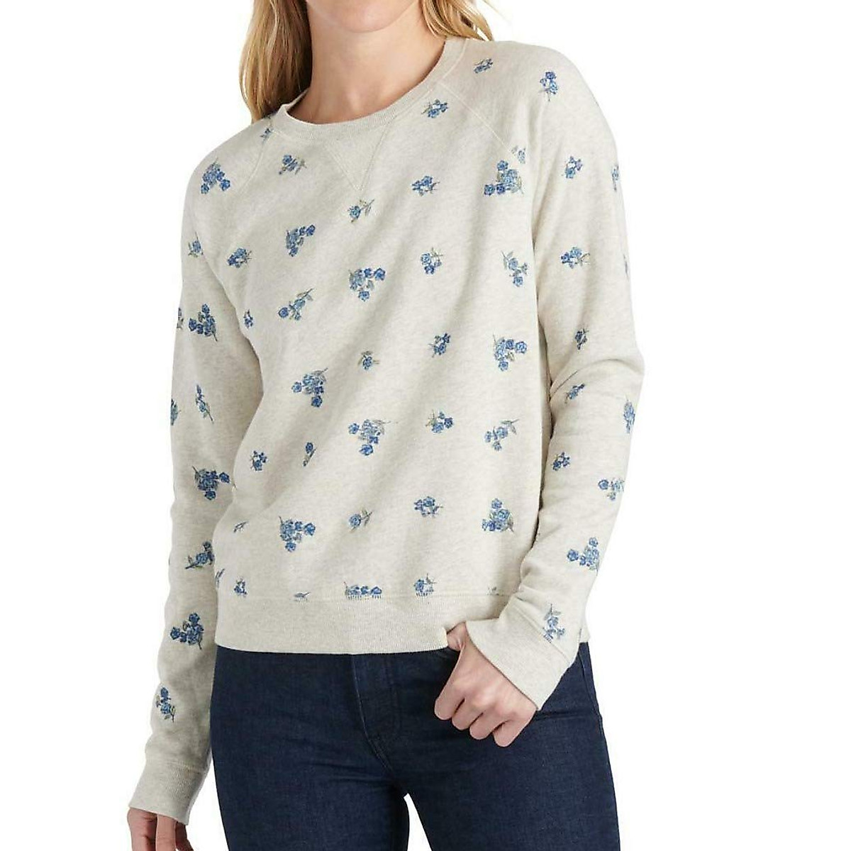 Lucky Brand Women's Allover Embroidered Crew Neck Sweatshirt, Oatmeal, Small