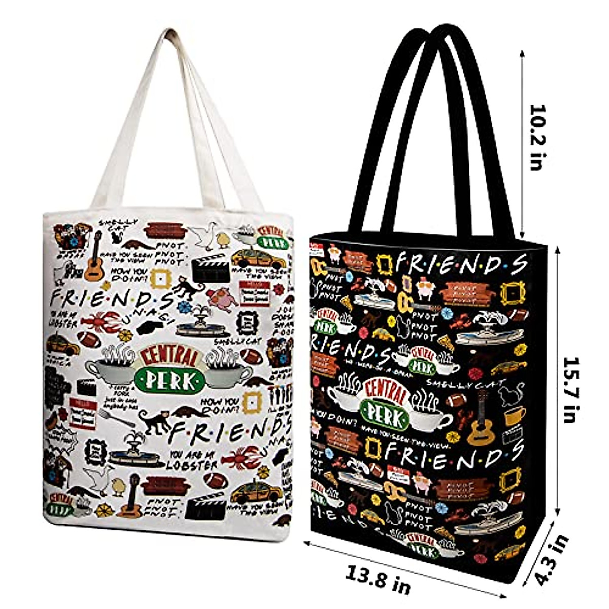 Abctec Friends TV Show Merchandise Tote Bags 2 Pack Large Reusable Grocery Cotton Shoulder Bag Handbag Craft Canvas Bag Friendship Gifts for Friends Fan/Women/Men /Birthday/Christmas Gifts Ideas