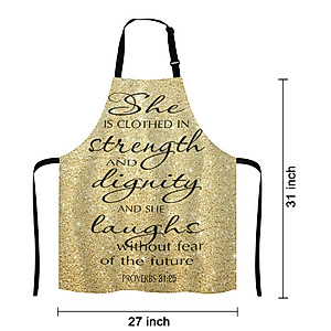 Lefolen Proverbs 31:25 Adjustable Bib Apron Bible Verse Gold Sparkles Glitter Pattern Print Cooking Kitchen Apron for Men Women