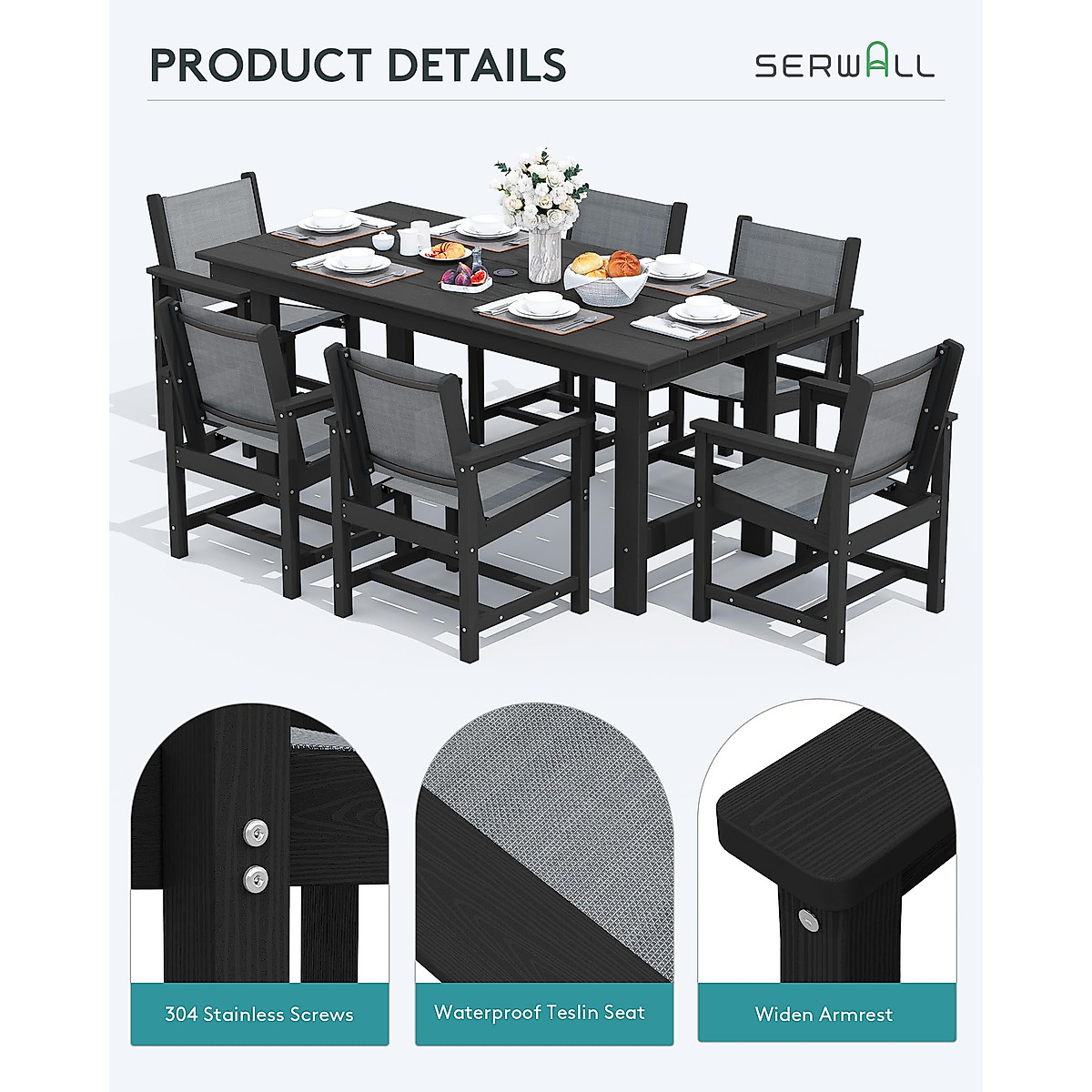 SERWALL Textilene Outdoor Dining Chair Set of 2, HDPE Frame with Textile Chair Seat, Holds up to 300 LBS, All Weather Chairs for Lawn, Garden, Yard and Poolside, Black