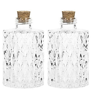 MyGift Small Clear Glass Reed Diffuser Bottles, Vintage Embossed Apothecary Style Flower Bud Vases with Cork Lids, Set of 2
