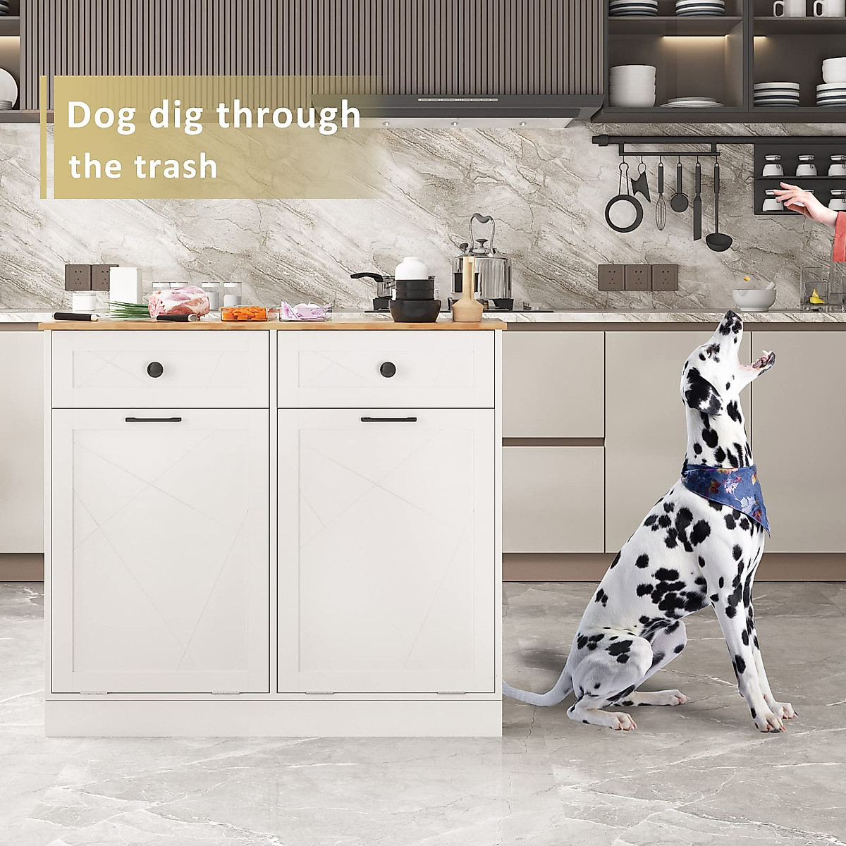 Vabches Trash Cabinet Double Trash Can, Dog Proof Tilt Out Trash Bin Holder, Hideaway Free Standing Recycling Cabinet with 2 Drawers for Kitchen Living Room White