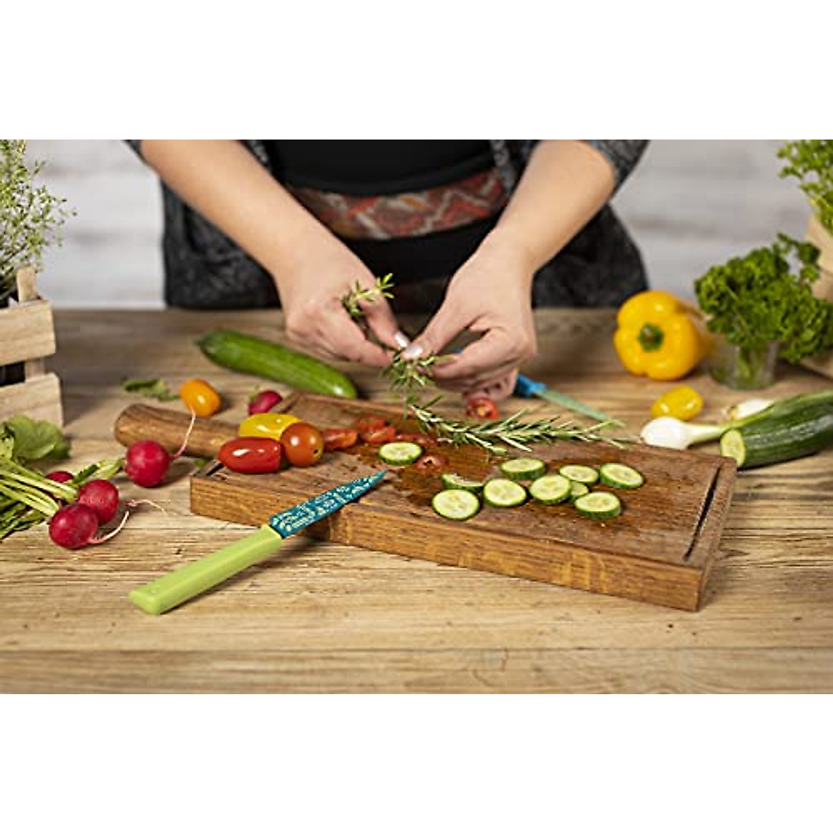 KUHN RIKON 22767 Colori+ Non-Stick Serrated Paring Knife with Safety Sheath, 19 cm, Herb