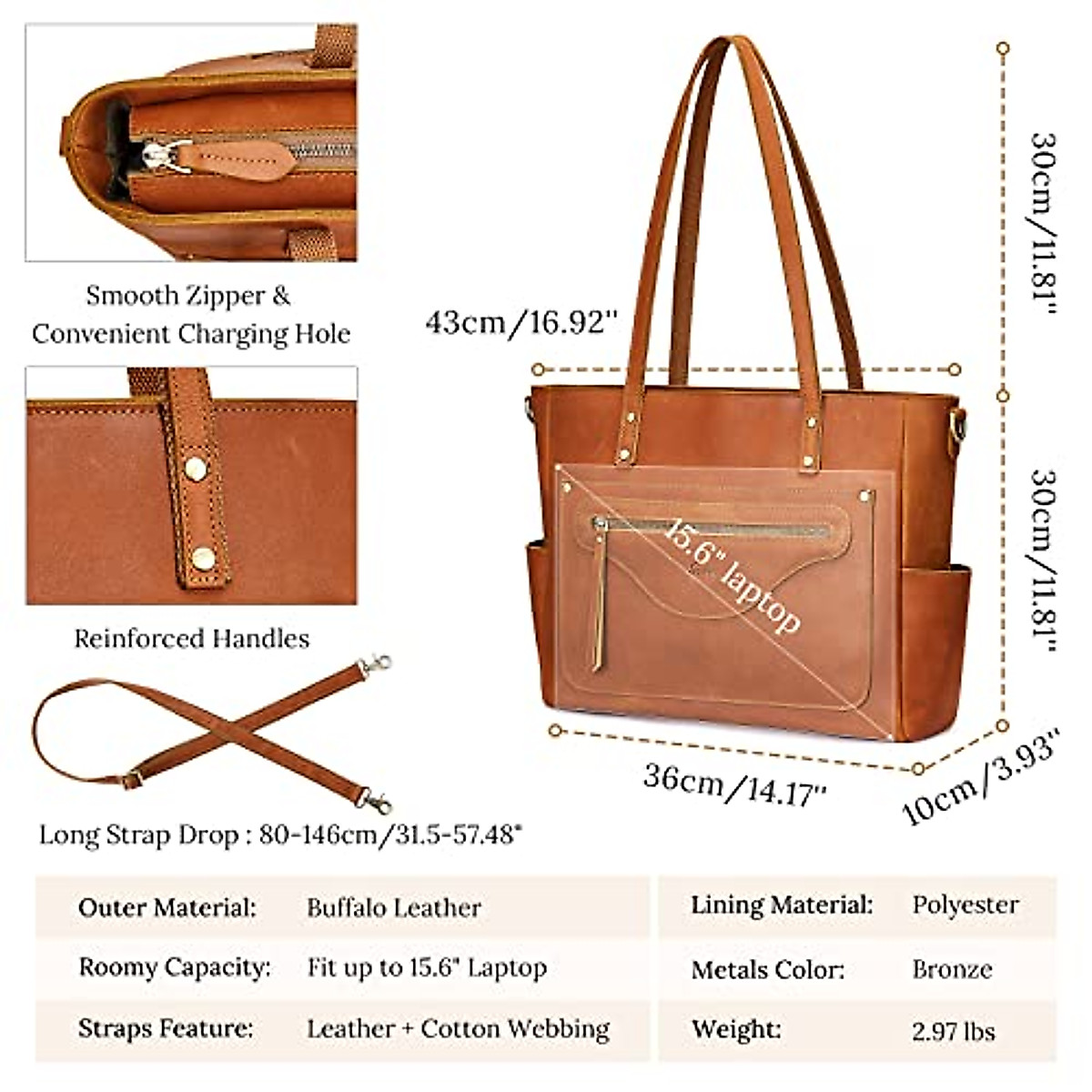 S-ZONE Women Genuine Leather Tote Bag Large Shoulder Purse Vintage Crossbody Work Handbag