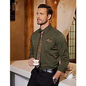 COOFANDY Men's Dress Shirt Wrinkle Free Dress Shirts with Matching Tie Army Green