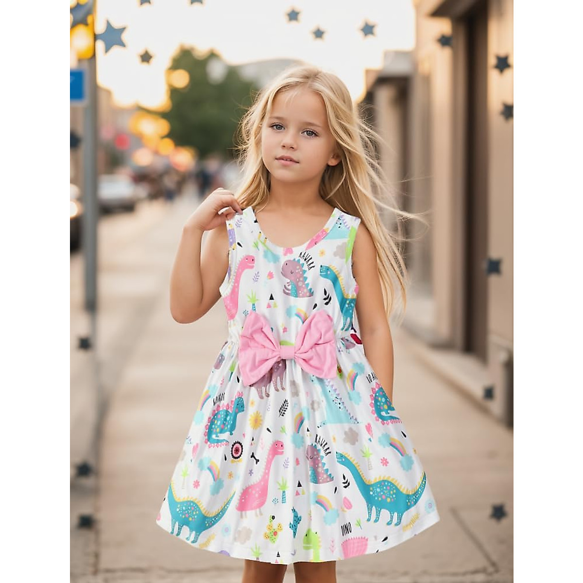 RETSUGO Baby Girl Dinosaurs Dresses Casual Pink Bowknot Dress for Toddler Girls Sleeveless Party Summer Dresses Outfit dinosaur1-1129-3T