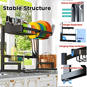 ADBIU 【Fit Sink 24.5"- 32" L】 2023 Version Over Sink Dish Drying Rack (Expandable Dimension) Snap-On Design 2 Tier Large Kitchen Dish Rack Stainless Steel Counter Organization and Storage