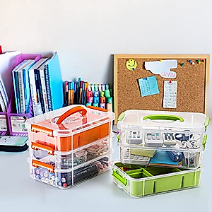 Yesland 3 Layer Stack & Carry Box Set of 2, Small Plastic Dividing Storage Box with Removable Tray Arts and Crafts Organizer Storage Container Portable Sewing Box for Sewing, Green and Orange