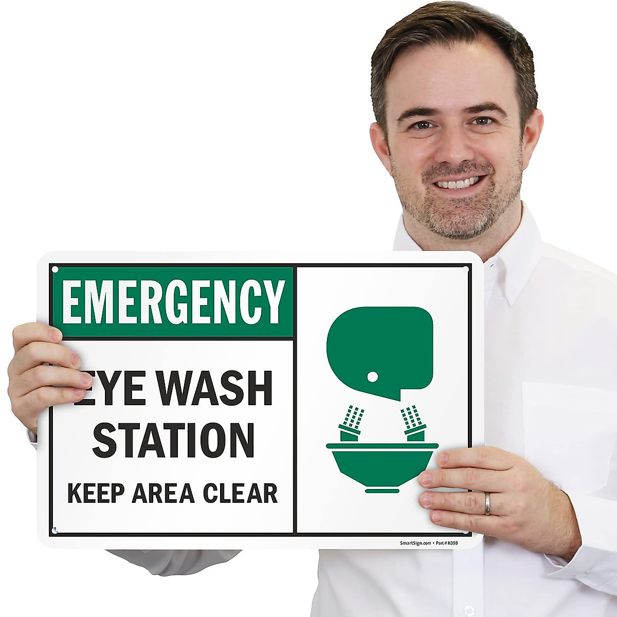 SmartSign 12 x 18 inch “Emergency Eye Wash Station - Keep Area Clear“ Sign With Graphic, Digitally Printed, 55 mil HDPE Plastic, Black, Green and white, Made in USA