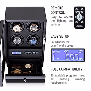 Automatic Watch Winder Box with Watches and Jewellery Storage Drawer, LED Backlight and LCD Touchscreen Control (Black + Black)