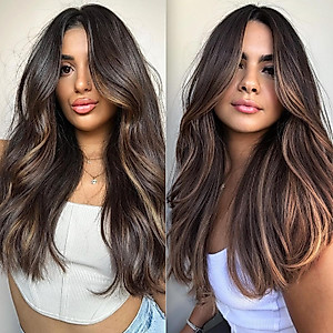 KOME Long Brown Highlight Wavy Wig for Women,Middle Part Curly Wavy Wig, Natural Looking Synthetic Heat Resistant Fiber Wig for Daily Party Use 26IN