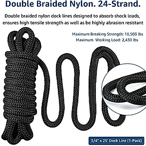 Dock Lines 3/4" x 25 ft Boat Ropes for Docking with 16" Loop, Double Braid Nylon Boat Dock Lines, Premium Dock Ropes for Boats, Boat Ropes Lines - Black Dock Lines for Boats 3/4", J-FM TWNTHSD 1 Pack